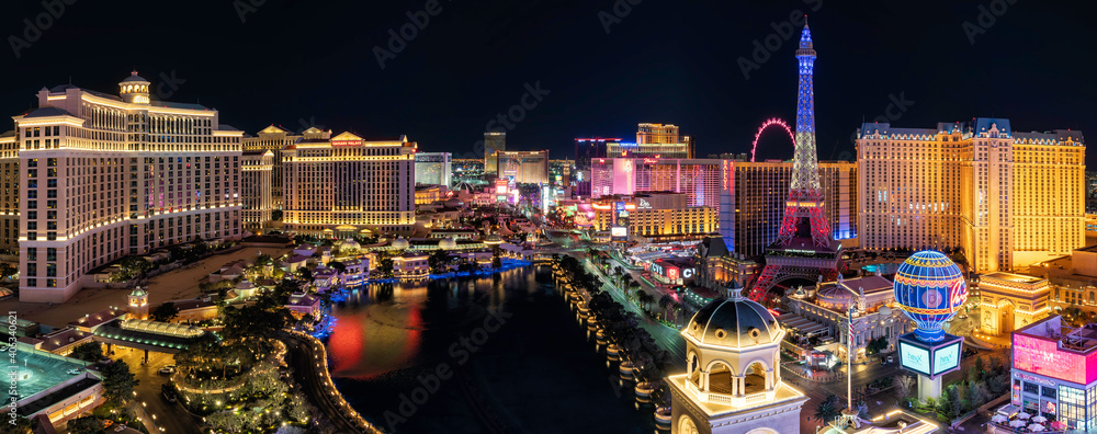 Panorama wide angle view of the Las Vegas Strip and city skyline at night, Nevada, USA Stock ...