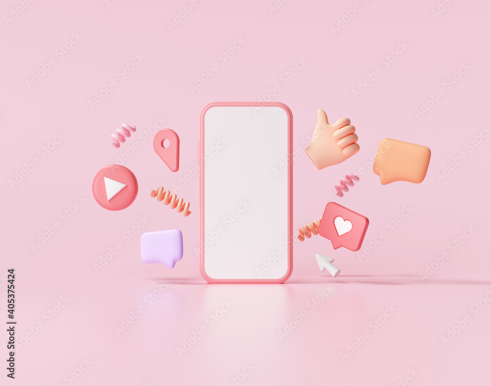 3D render Social Media with photo frame, like button and geometric ...