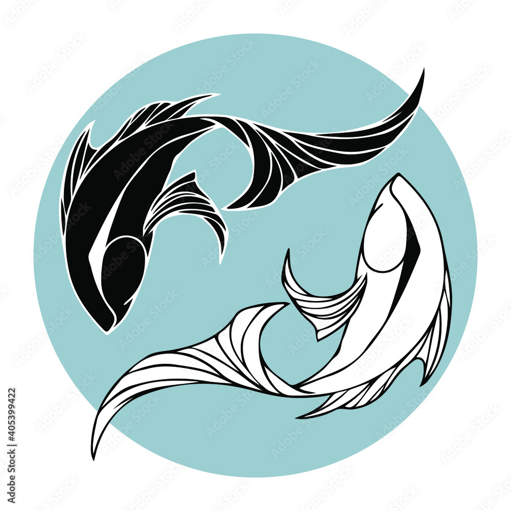Two fish in a circle. Twin fish yin and yang concept. Zodiac sign ...