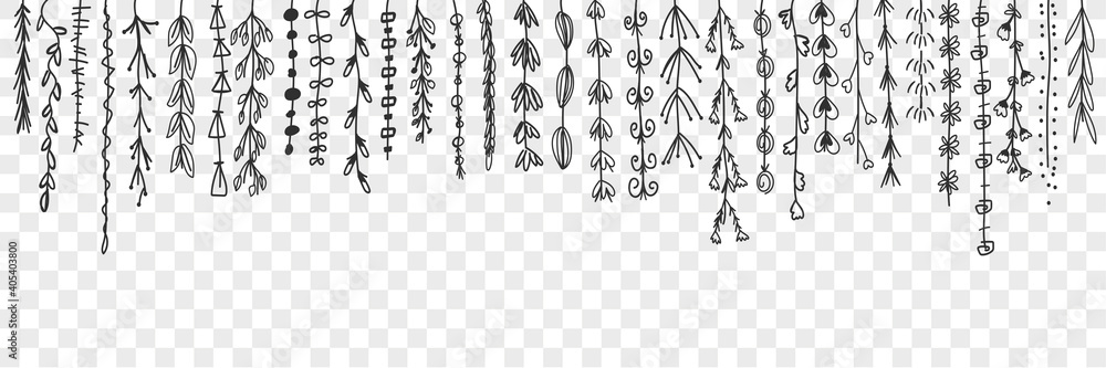 Hanging decorative lines with leaves doodle set. Collection of hand ...