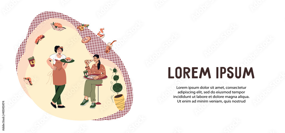 Flyer or banner with smiling waitress serving a customer, vector ...