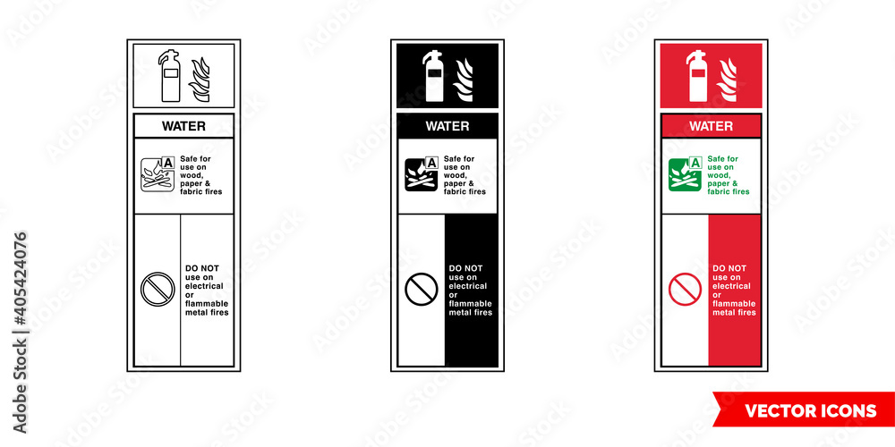 Water fire extinguisher id sign icon of 3 types color, black and white ...