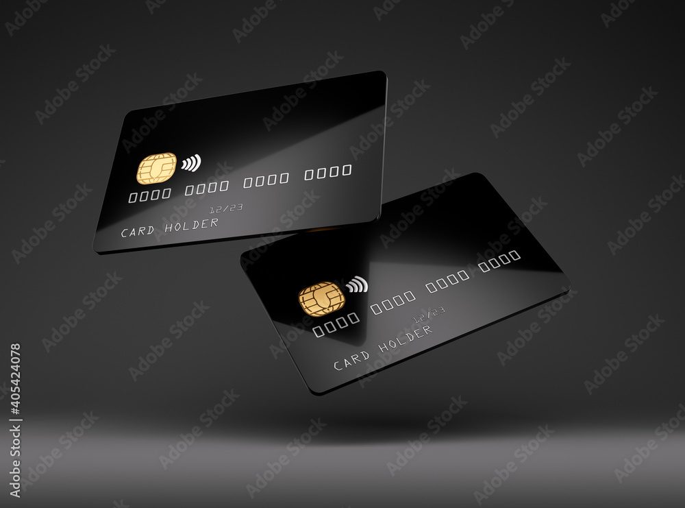 Black glossy credit card mock up, dark black background,3D Illustration ...