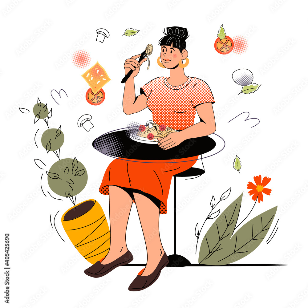 Young woman cartoon character eating pasta or noodles, vector ...