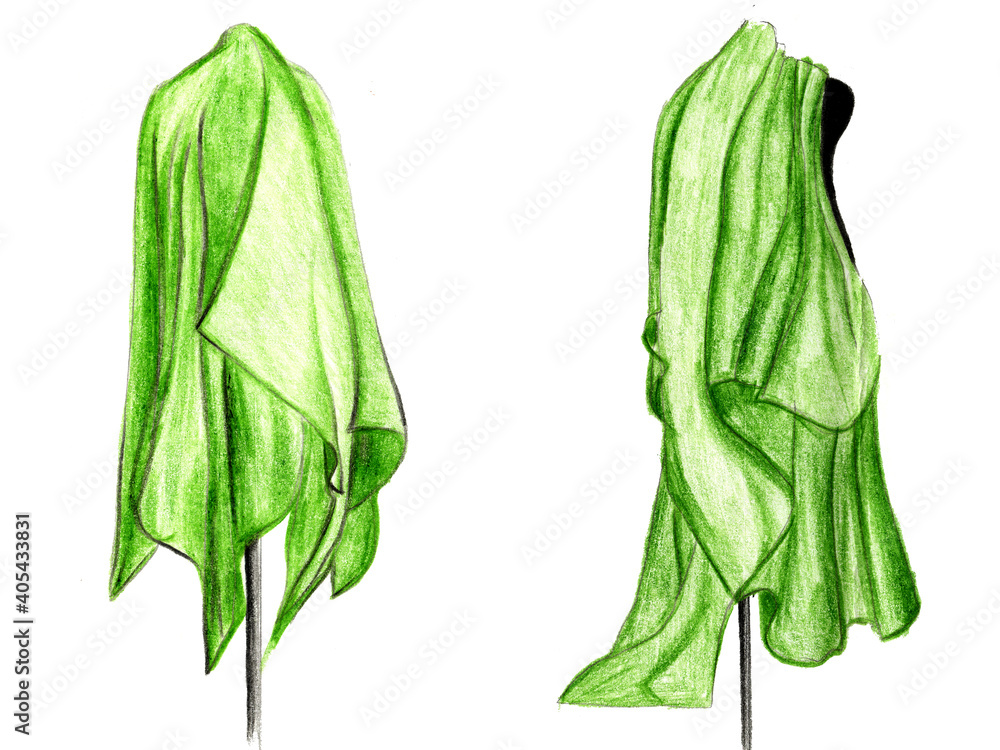 Color pencil set of green drapery on black dummy. Hand drawn fabric for ...