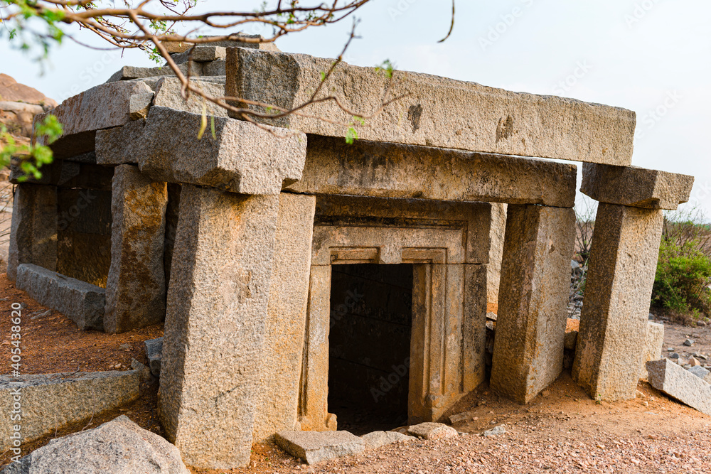 Ancient granite temple in ruins in desert valley of Hampi, architecture ...