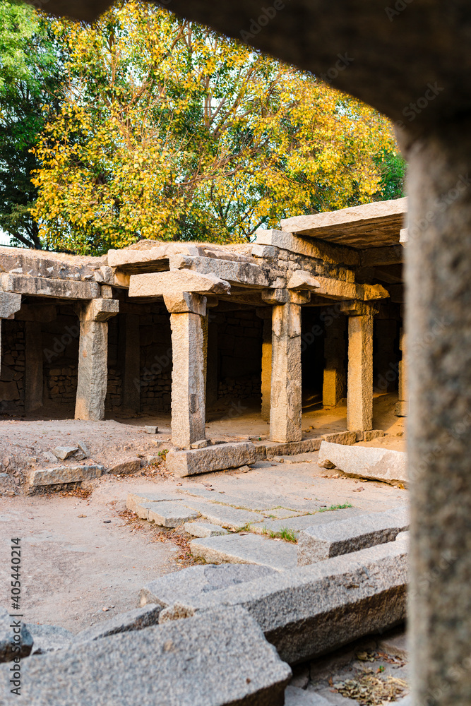 Ancient granite temple in ruins in desert valley of Hampi, architecture ...