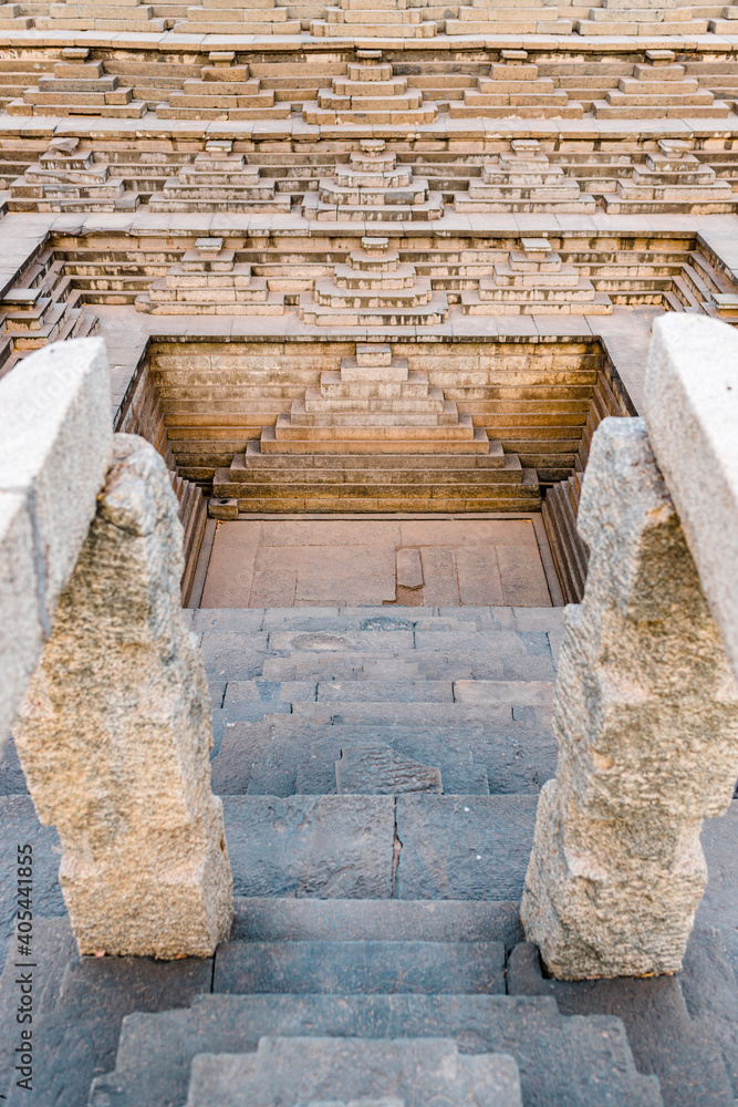 India, Karnataka, Hampi, Empty architectural Stepped Tank of ancient ...