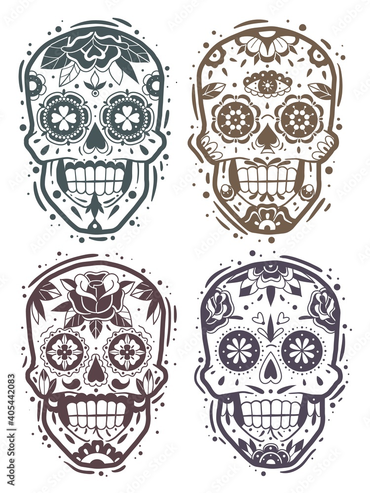 Mexican skull monochrome stencil collection. Mexican skulls set. Vector ...