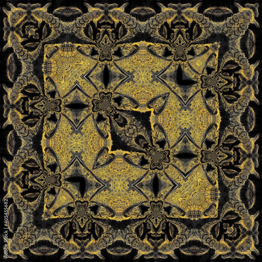 golden yellow and grey on a black background intricate patterns and ...