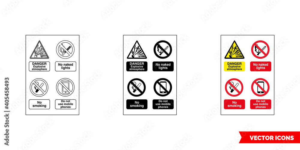 Multi notice fire prevention and explosive hazard sign icon of 3 types ...