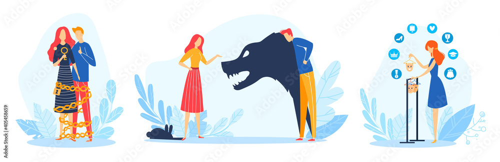 Family problems vector illustration set. Cartoon flat family or couple ...