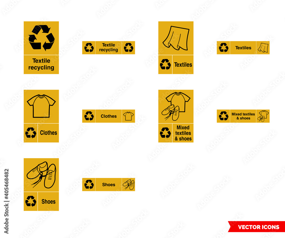 Textile recycling signs icon set of color types. Isolated vector sign ...