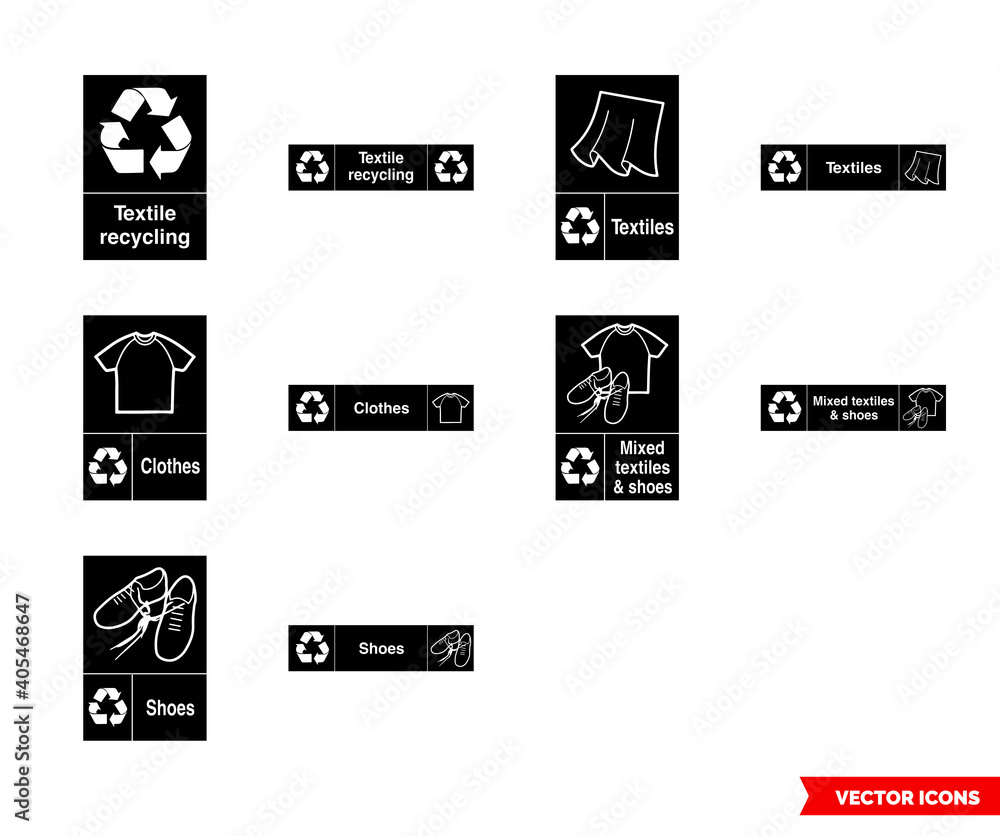 Vetor de Textile recycling signs icon set of black and white types ...