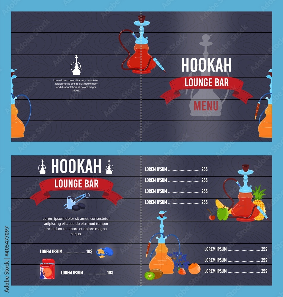 Hookah bar menu vector illustration. Cartoon flat smoking lounge bar ...