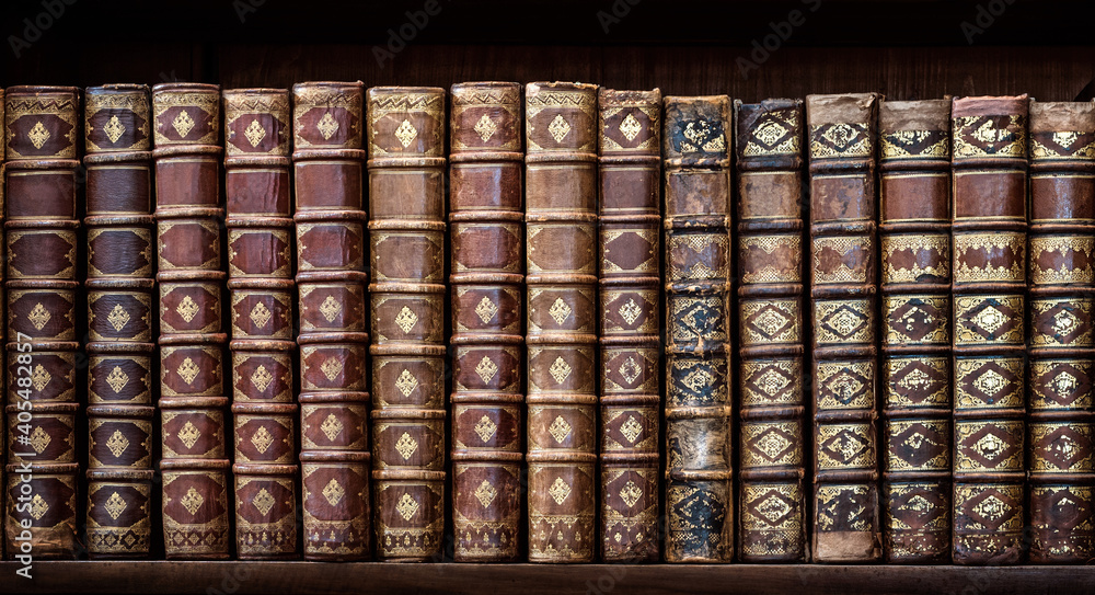 Old books on wooden shelf. Tiled Bookshelf background. Concept on the ...