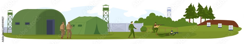 Military army force, base or camp with armed solgiers in camouflage ...