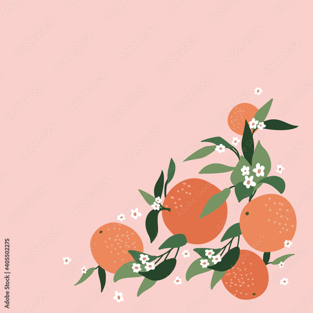 Postcard from abstract branches of orange, leaves and color pink ...