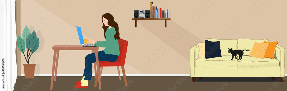 Women working from home, web banner, web header, footer, flier, vector ...