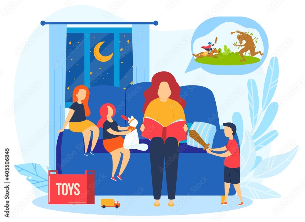 Mother reading story to children, happy family, fairy tale, vector ...