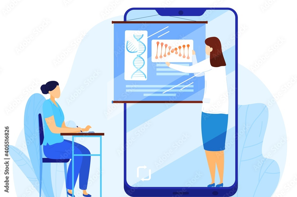 Scientists looking at DNA and charts vector illustration. Biotechnology ...
