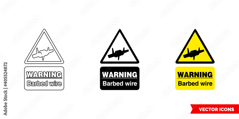 Warning barbed wire hazard sign icon of 3 types color, black and white ...