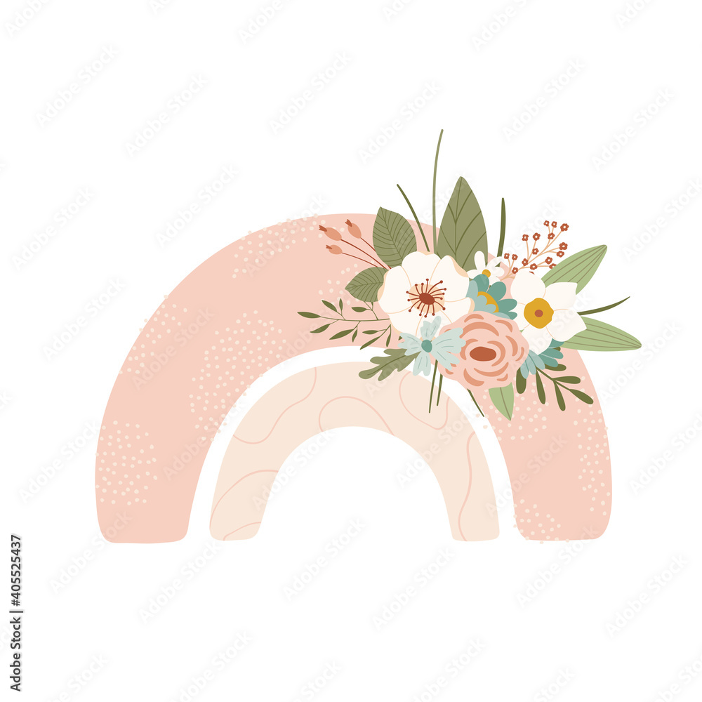 Cute rainbow with flowers in pastel colors isolated on white background ...