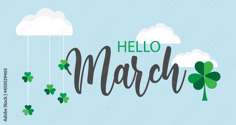 Hello March vector background. Cute lettering banner with clouds and ...