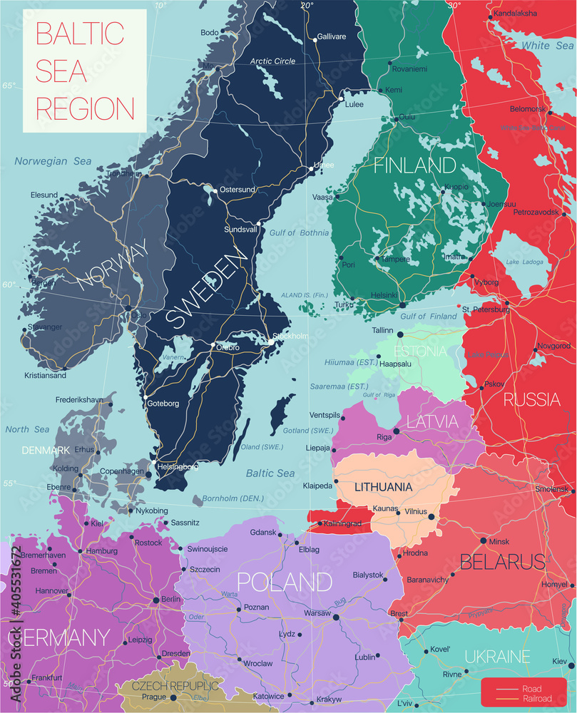 Baltic region detailed editable map with cities and towns, roads and ...