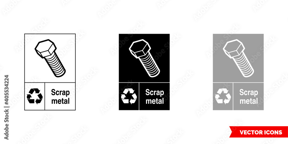 Scrap metal recycling sign icon of 3 types color, black and white ...