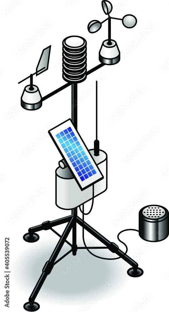 Vetor de A transportable weather station with solar panel, antenna ...