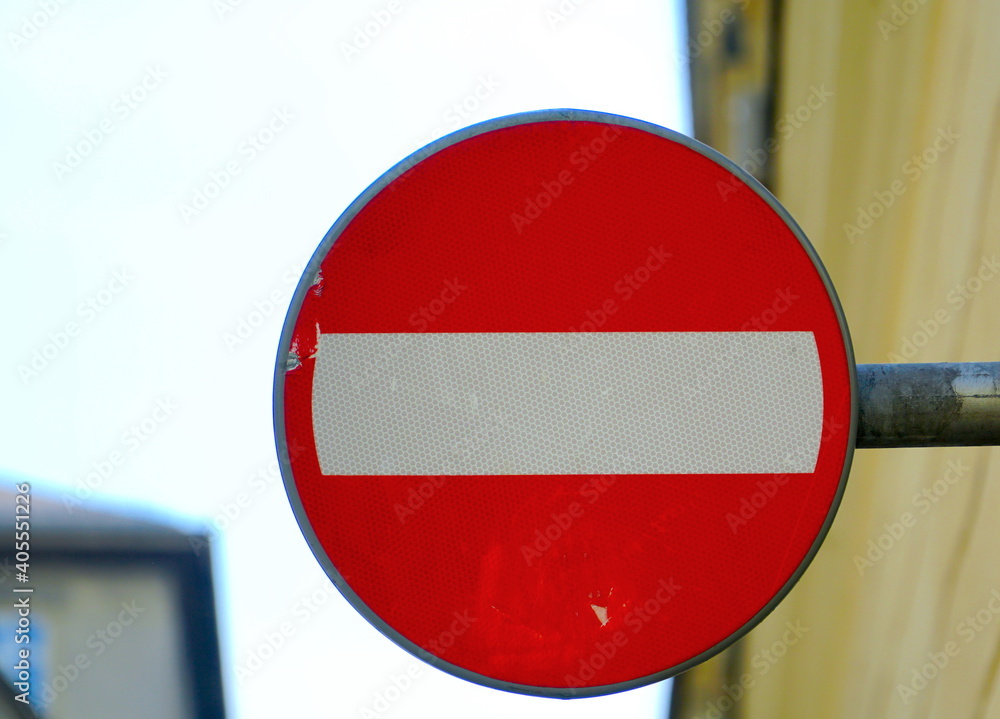 Red no entry traffic sign isolated on background street, road with road ...