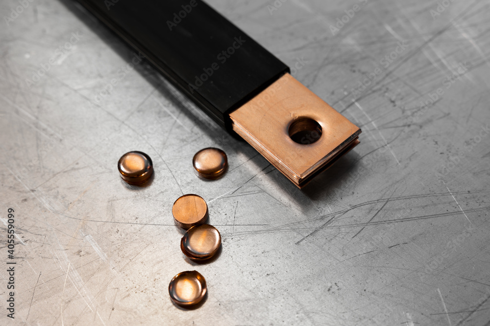 Crimping copper bus bars of power transformer connection of electrical ...