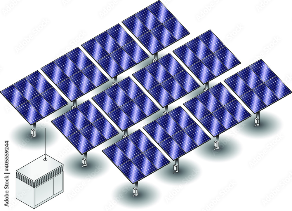 A small solar farm with 12 clusters of solar panels and a control ...