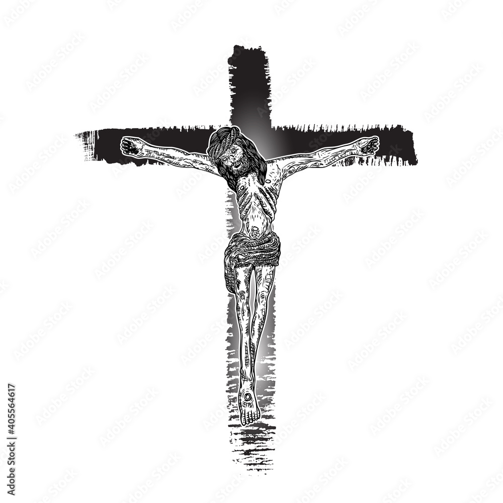 Jesus on the cross. Hand painted with real ink brush, grunge Christian ...