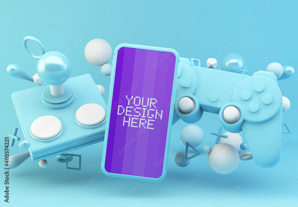 Blue Mobile Phone Mock Up with Videogames Equipment Floating Stock ...