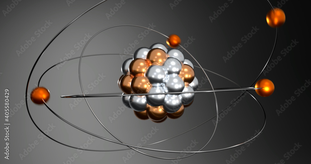 The nucleus of atom, an atom and its nucleus, electrons rotate, protons ...