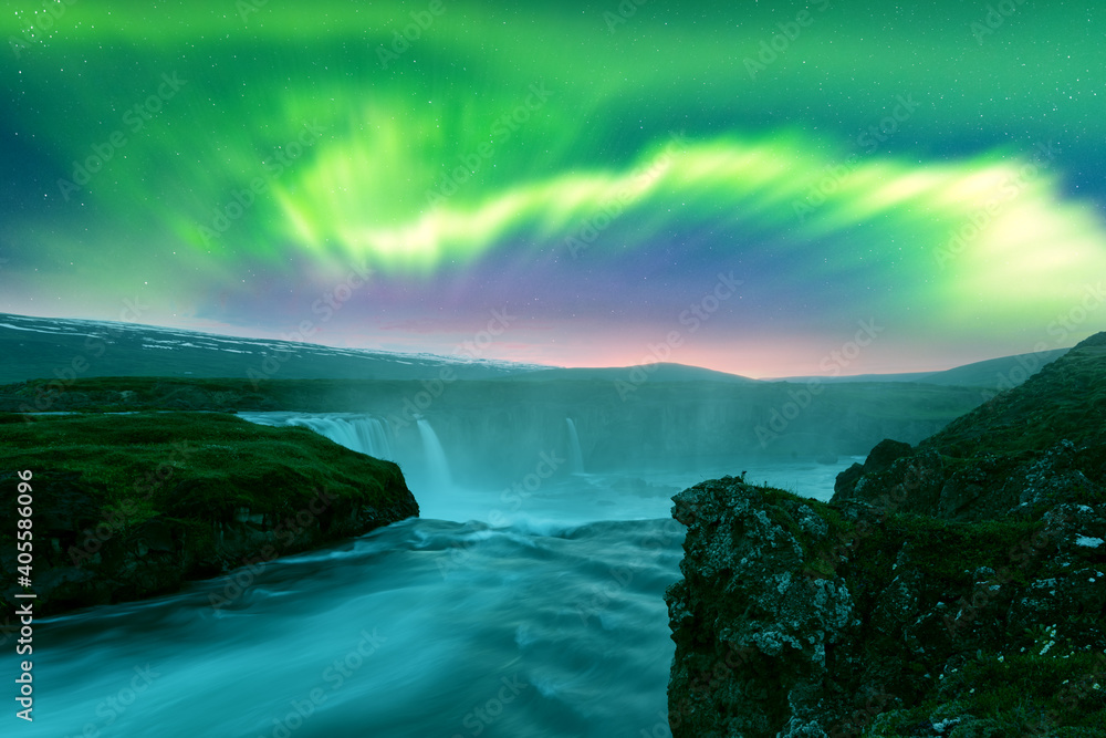 Aurora borealis Northern lights over Godafoss waterfall on ...