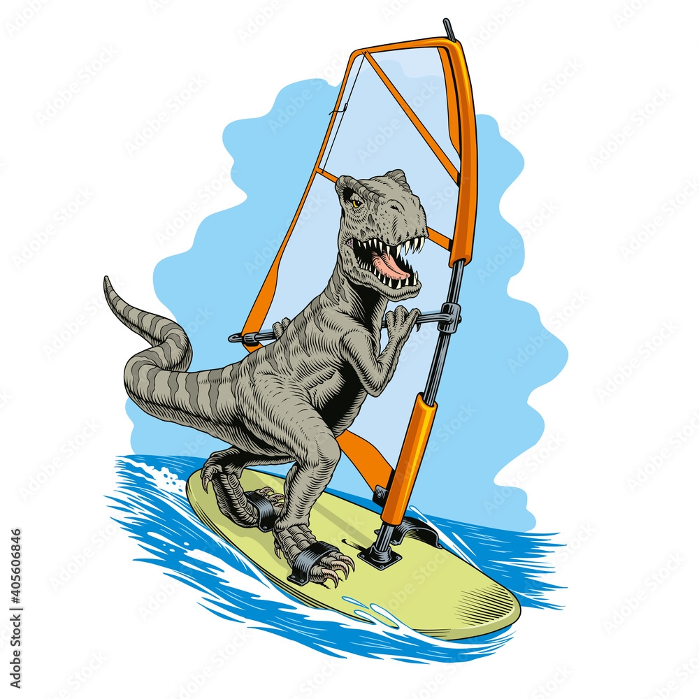 Dinosaur windsurfer sailing on the windsurf board. Tyrannosaurus or T ...