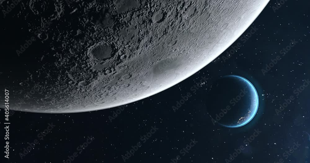 Moon and Planet Earth in space 3D, sunrise, the sun, the panorama of ...