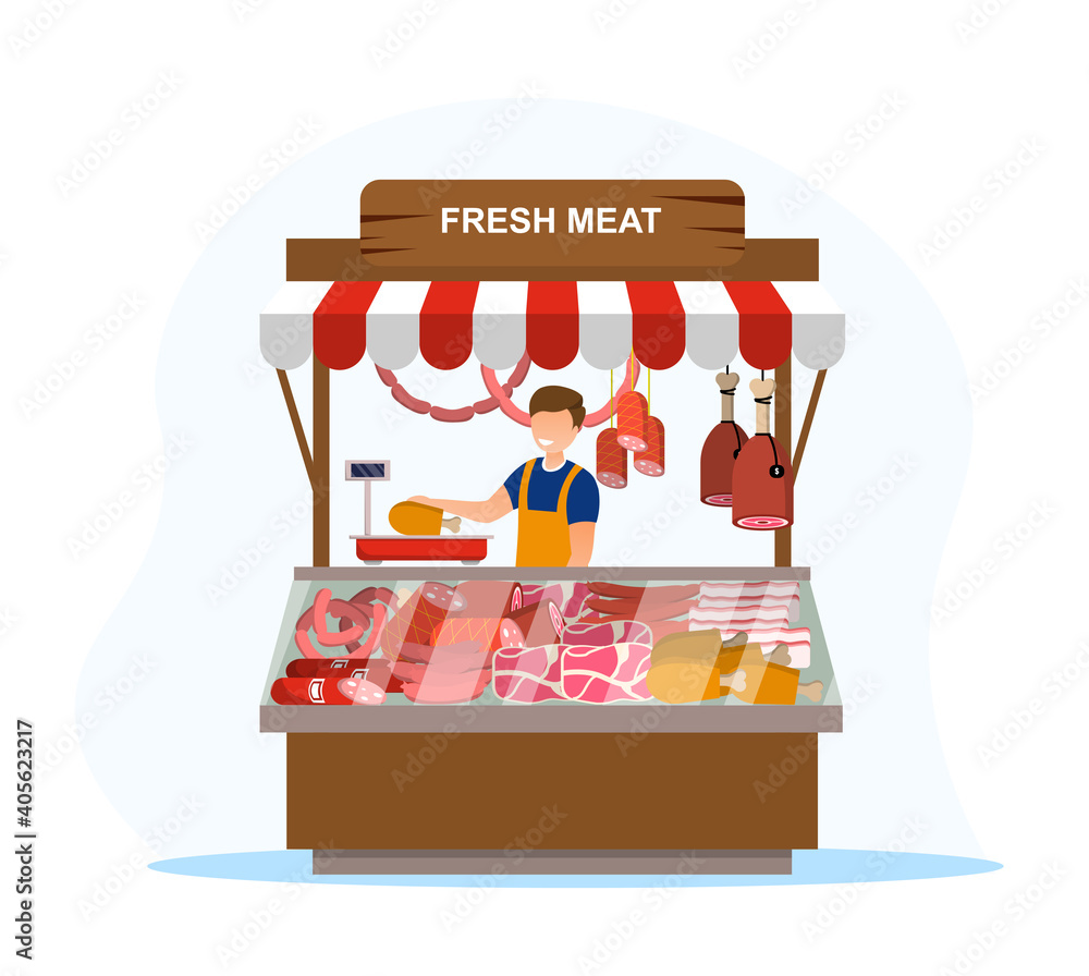 Male character is working in meat stall outdoors. Man is selling meat ...