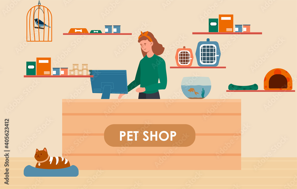 Female character is working at a counter in a pet shop. Small business ...
