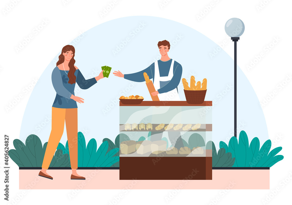 Female character is buying fresh loaf of bread at the stall. Man is ...