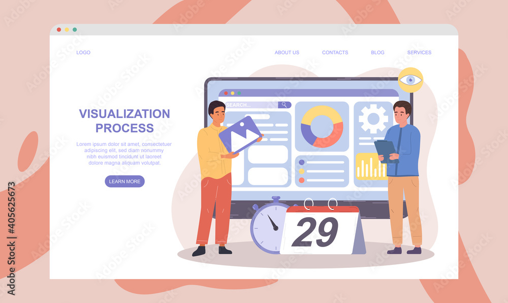 Two male characters are creating visualization for new project. Men ...