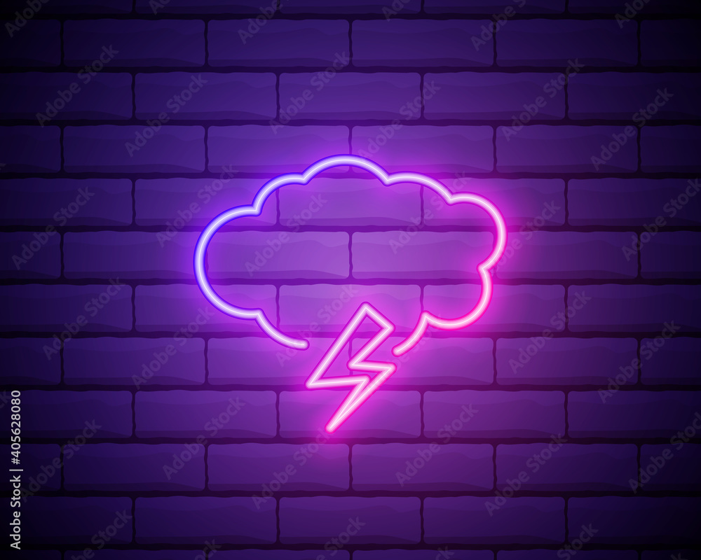 Pink neon sign on brick wall Storm cloud with rain and lightning ...