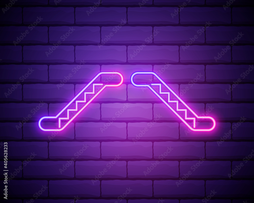 Neon light. Escalator staircase icon. Elevator moving stairs down and ...