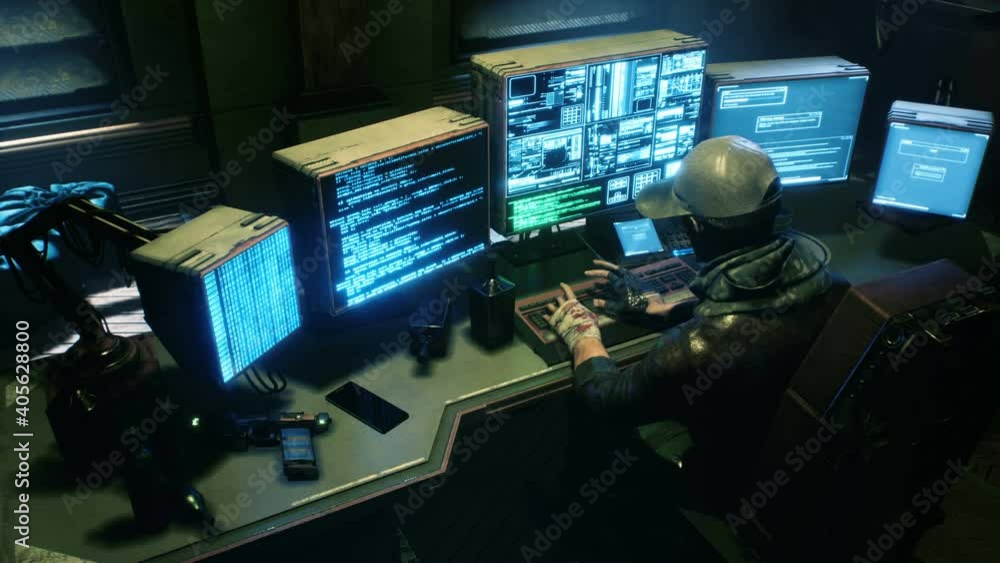 A male hacker surrounded by glowing monitors hacks into someone else's computer network in a ...