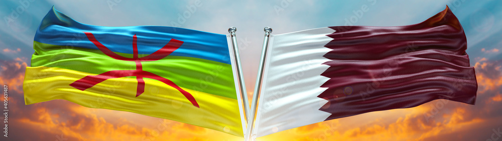 Double Flag Qatar and Amazigh Kabyle flag waving flag with texture sky ...