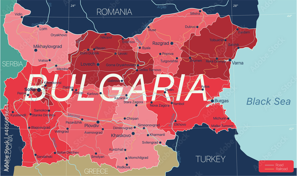 Bulgaria country detailed editable map with regions cities and towns ...