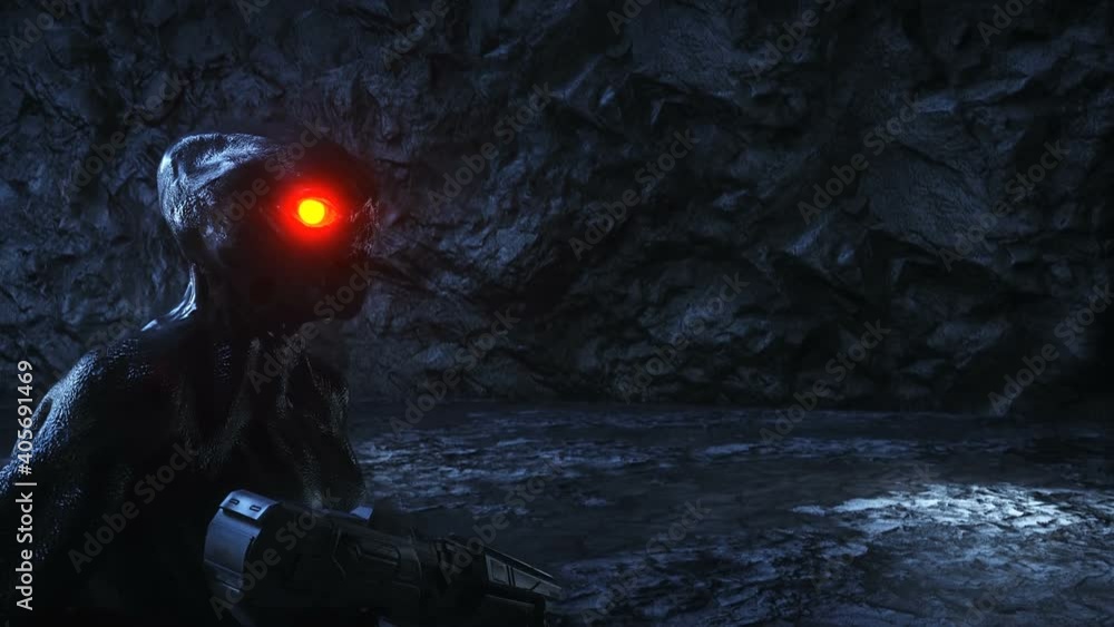 Alien, monster with gun in light portal. Realistic 4k animation. vídeo ...
